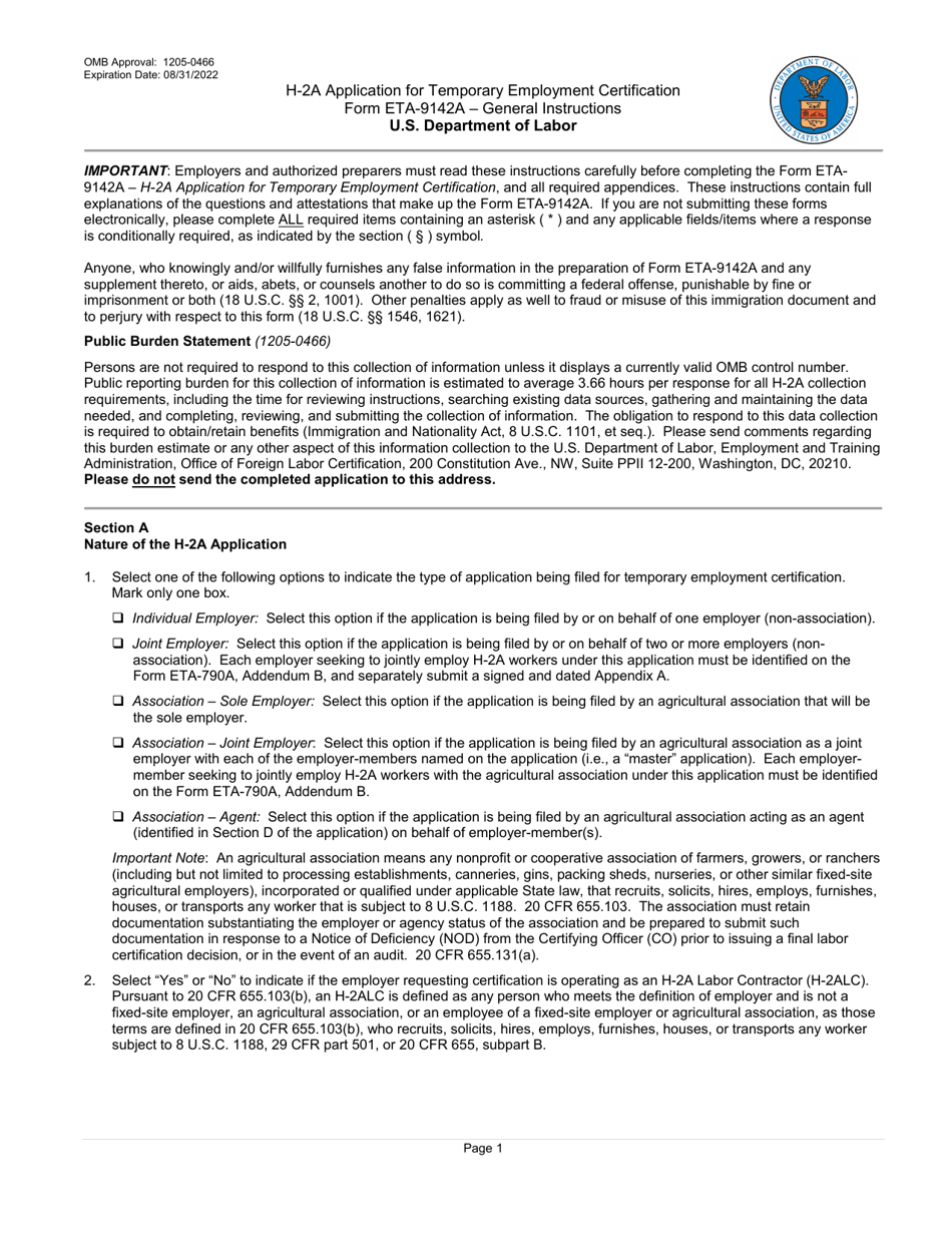 Download Instructions for Form ETA-9142A H-2a Application for Temporary ...