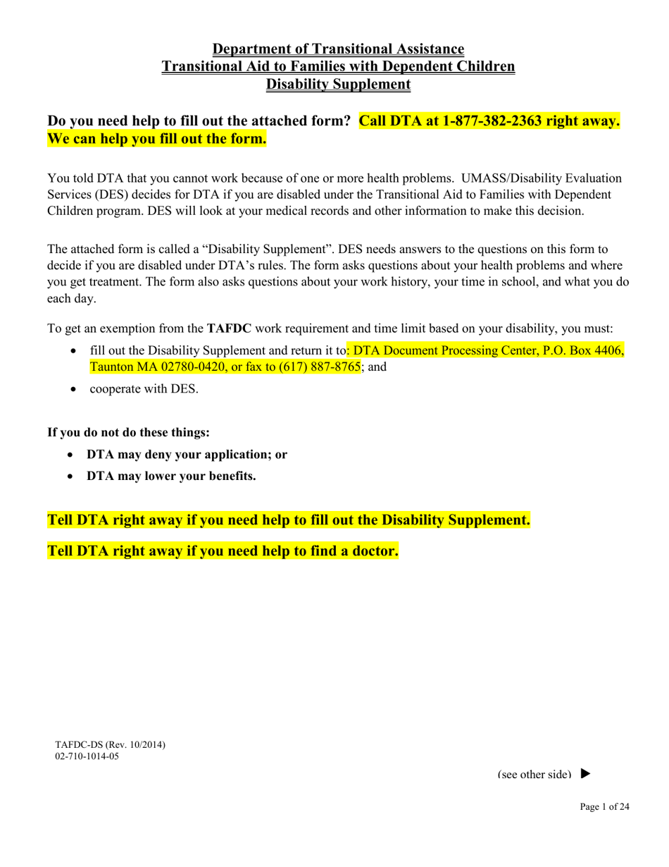 Form TAFDC-DS - Fill Out, Sign Online and Download Printable PDF ...