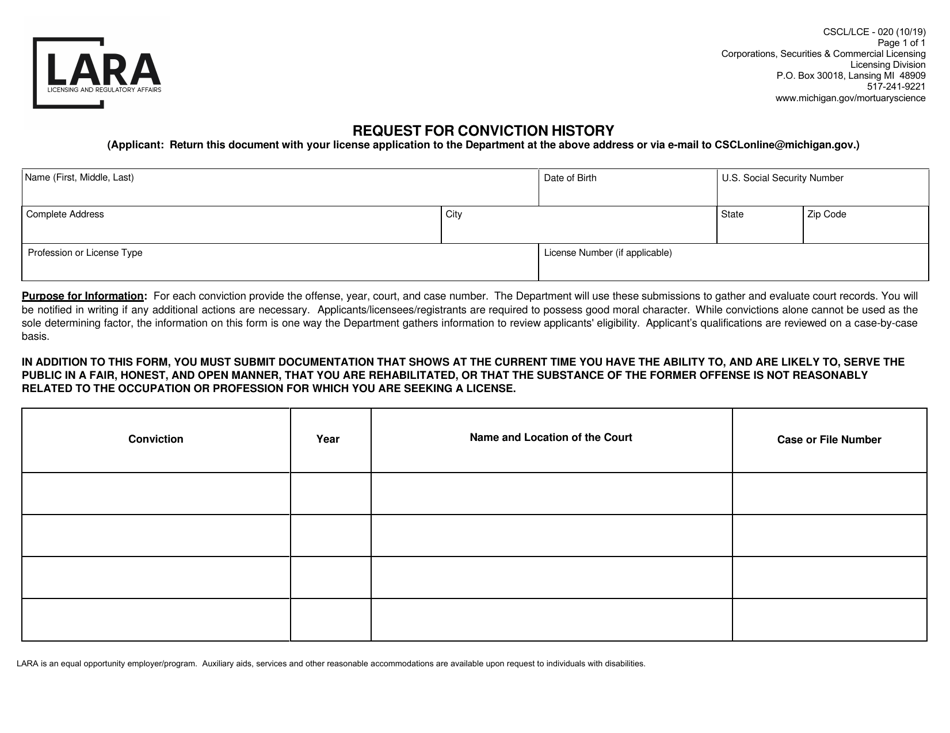 Form CSCL/LCE-020 Download Fillable PDF or Fill Online Request for Conviction History, Michigan ...