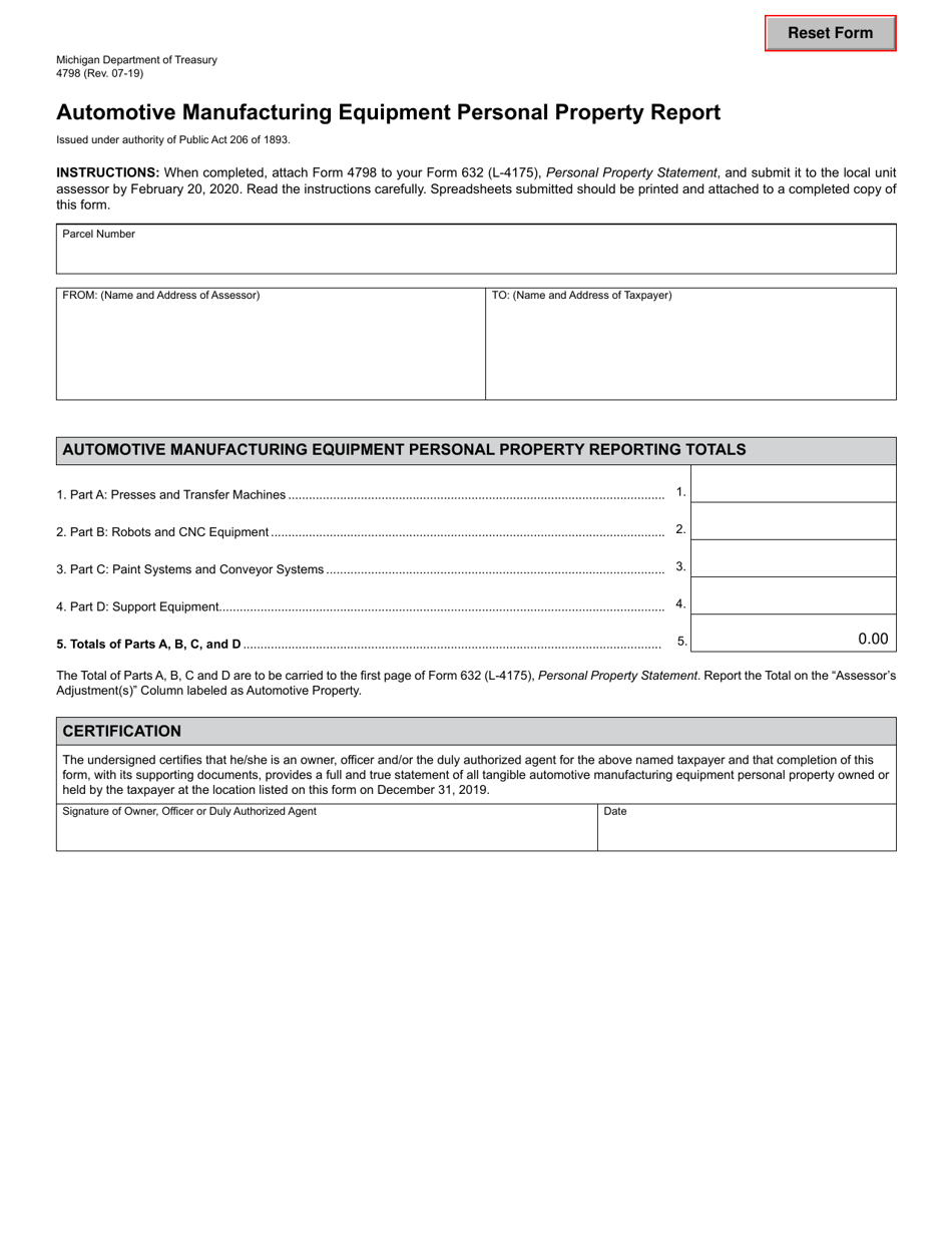 Form 4798 - Fill Out, Sign Online and Download Fillable PDF, Michigan ...