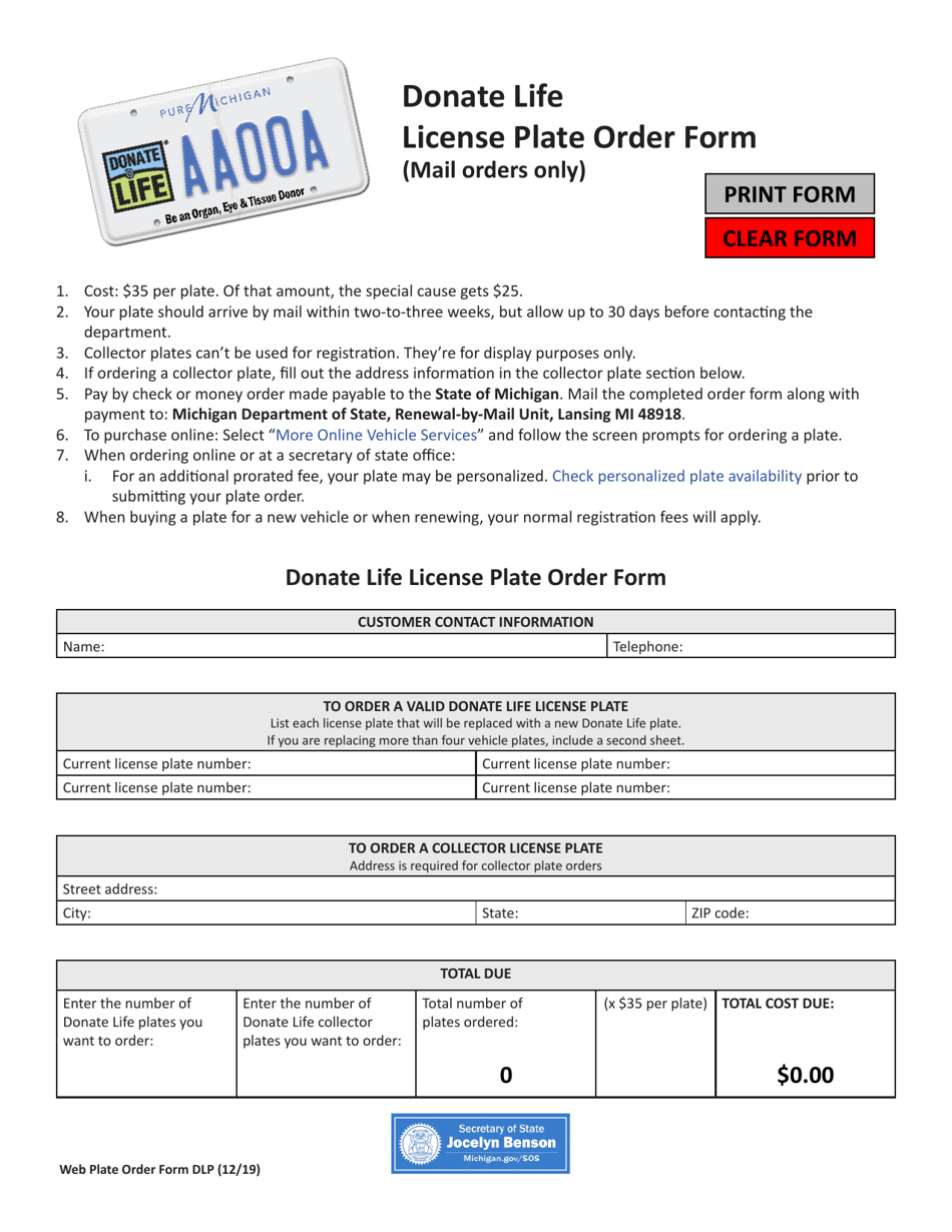 Michigan Donate Life License Plate Order Form - Fill Out, Sign Online ...