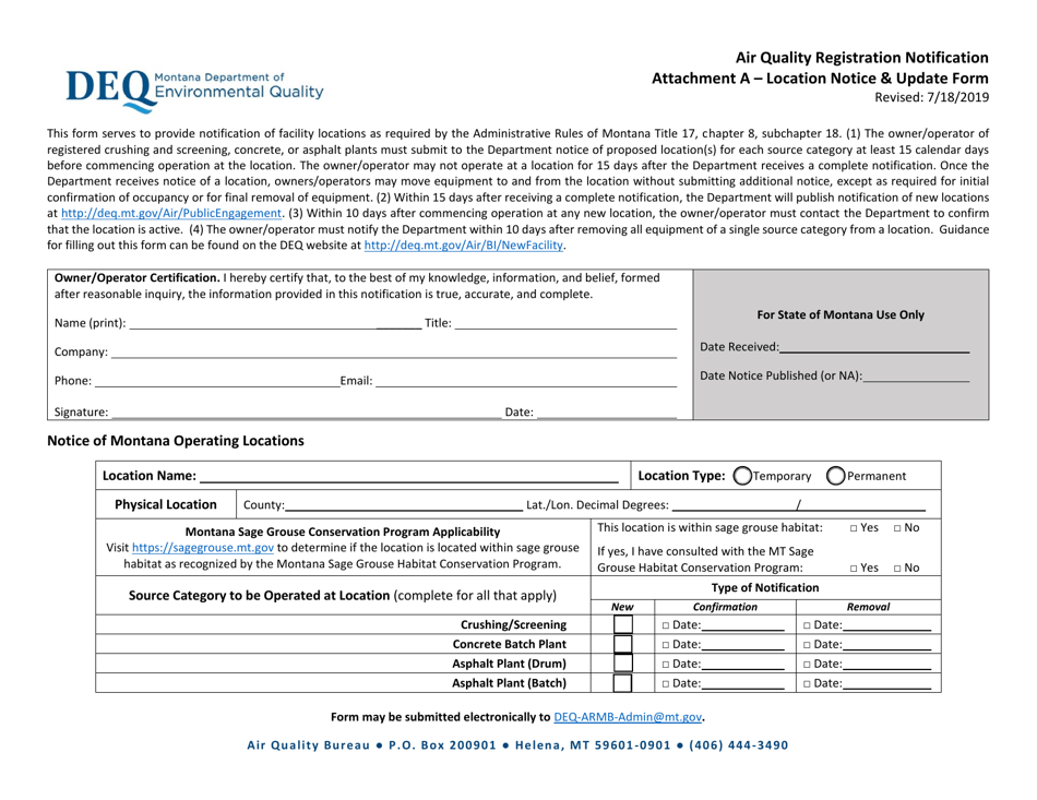 Montana Air Quality Registration Notification Location Notice & Update ...