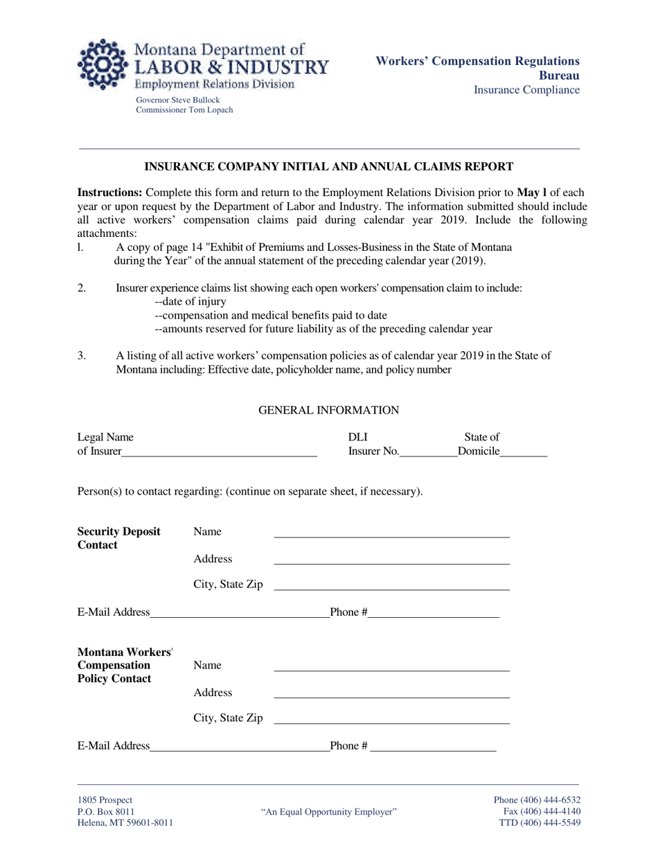 Montana Insurance Company Initial and Annual Claims Report Download ...