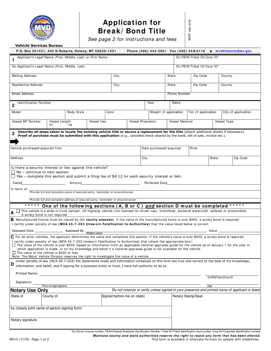 Form MV10 Download Fillable PDF or Fill Online Application for Break ...