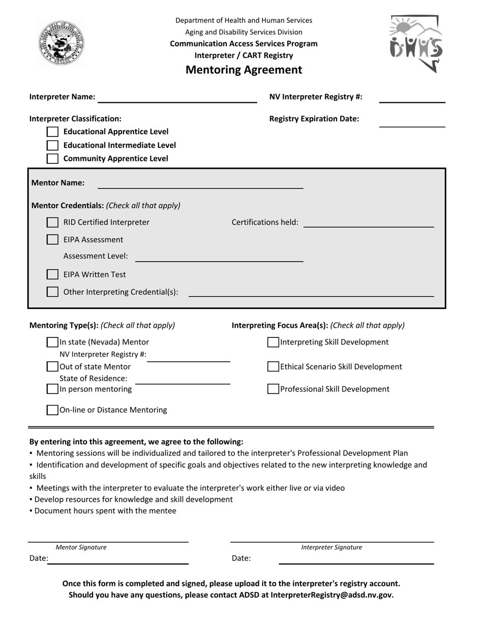 Nevada Mentoring Agreement - Fill Out, Sign Online and Download PDF | Templateroller