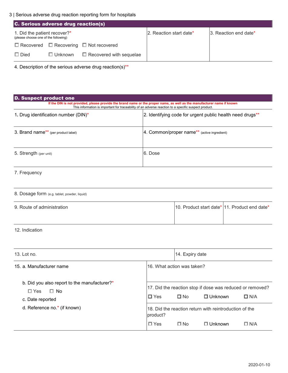 Canada Serious Adverse Drug Reaction Reporting Form for Hospitals - Fill Out, Sign Online and ...