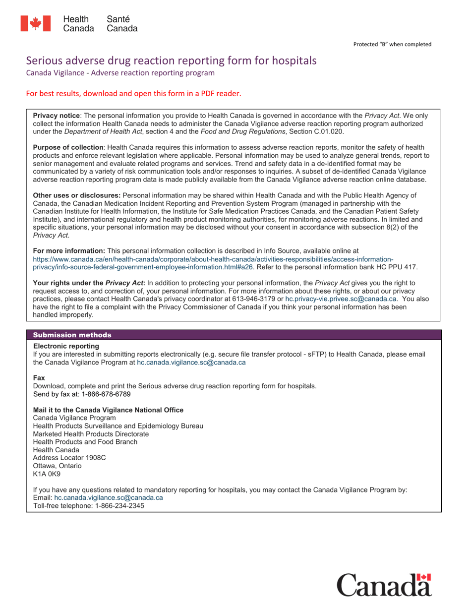 Canada Serious Adverse Drug Reaction Reporting Form for Hospitals ...