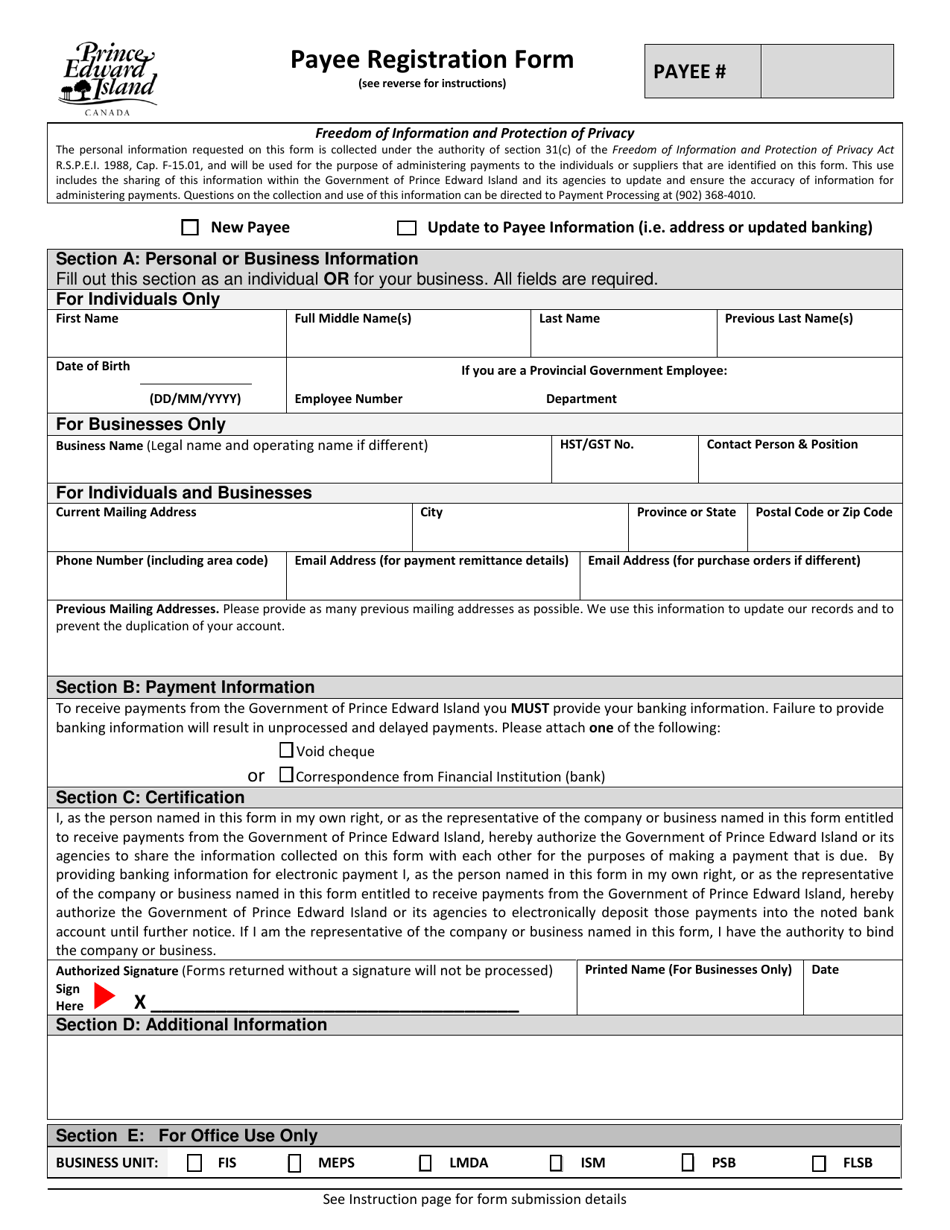 Prince Edward Island Canada Payee Registration Form - Fill Out, Sign ...