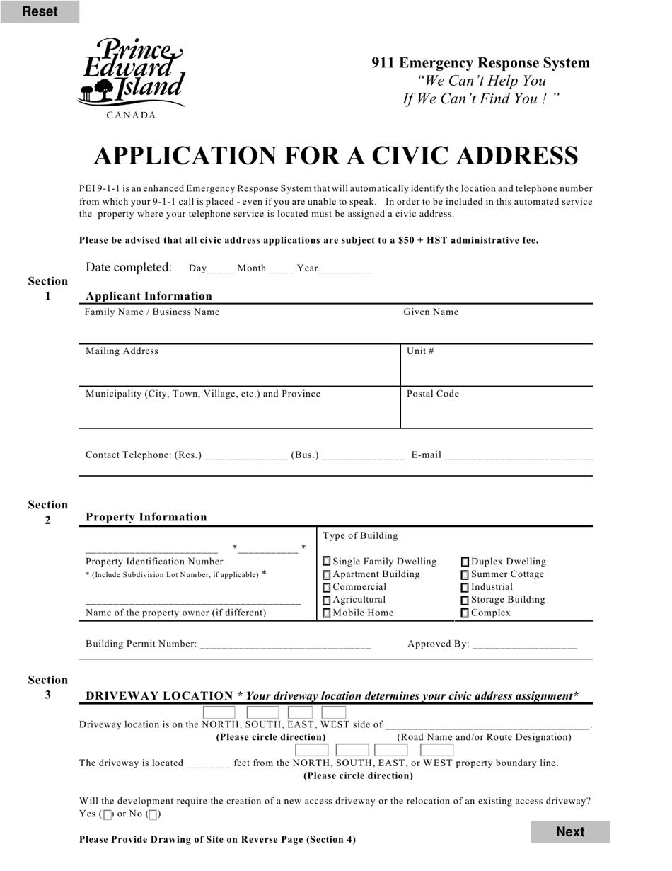 Prince Edward Island Canada Application for a Civic Address - Fill Out ...