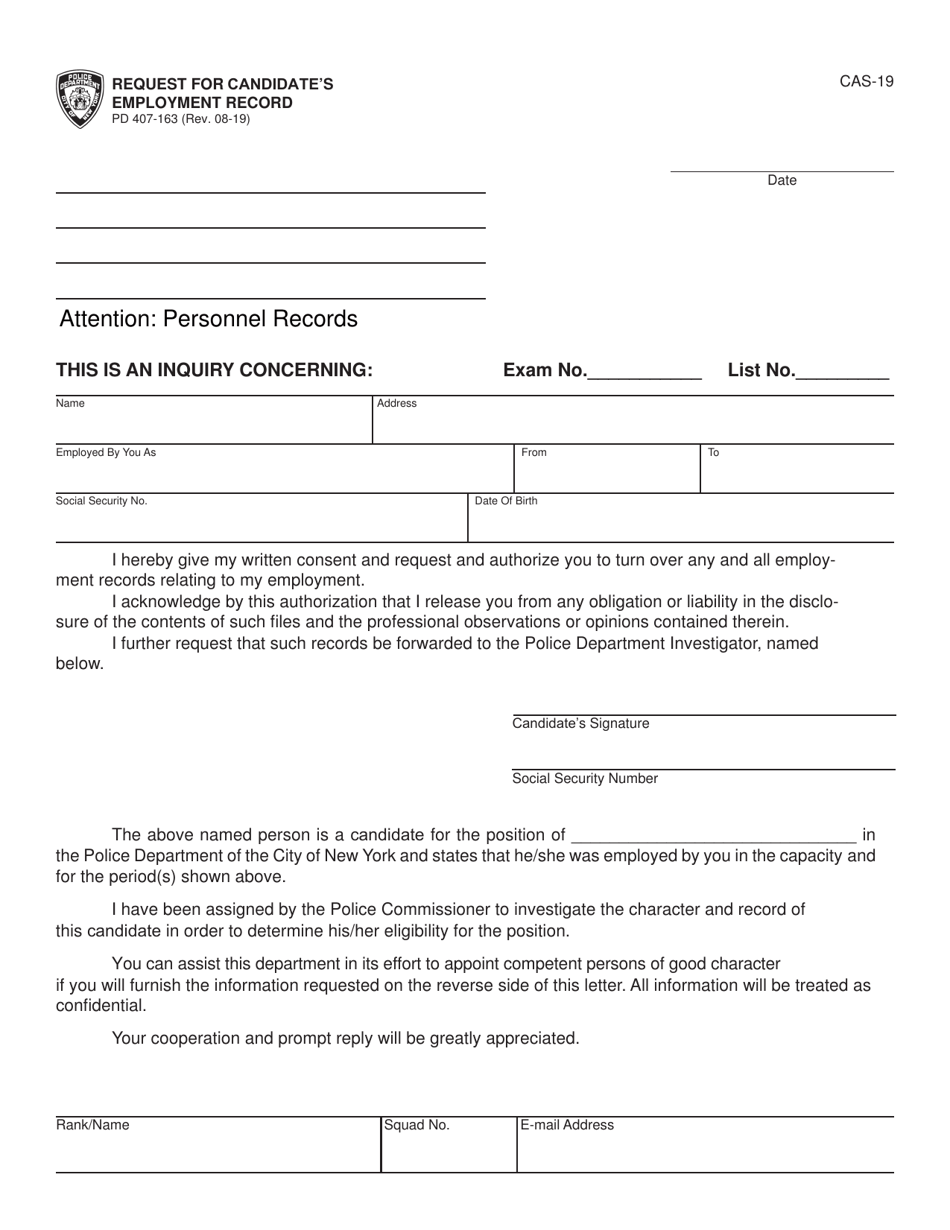 Form CAS-19 (PD407-163) - Fill Out, Sign Online and Download Fillable ...