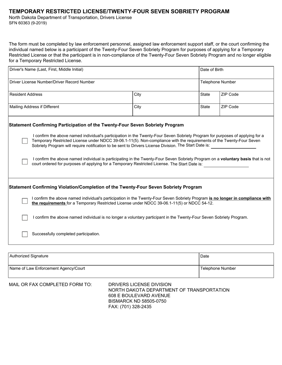 Form SFN60363 Download Fillable PDF or Fill Online Temporary Restricted ...
