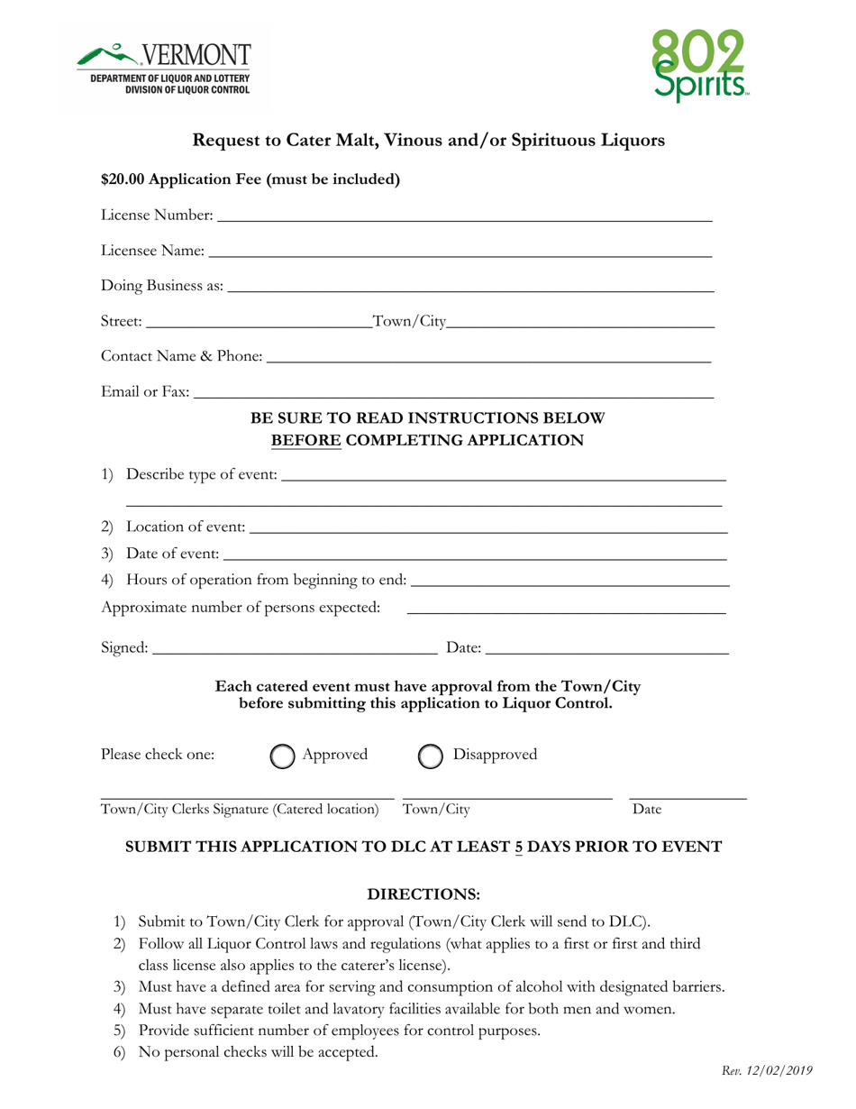 Vermont Request to Cater Malt, Vinous and/or Spirituous Liquors - Fill ...