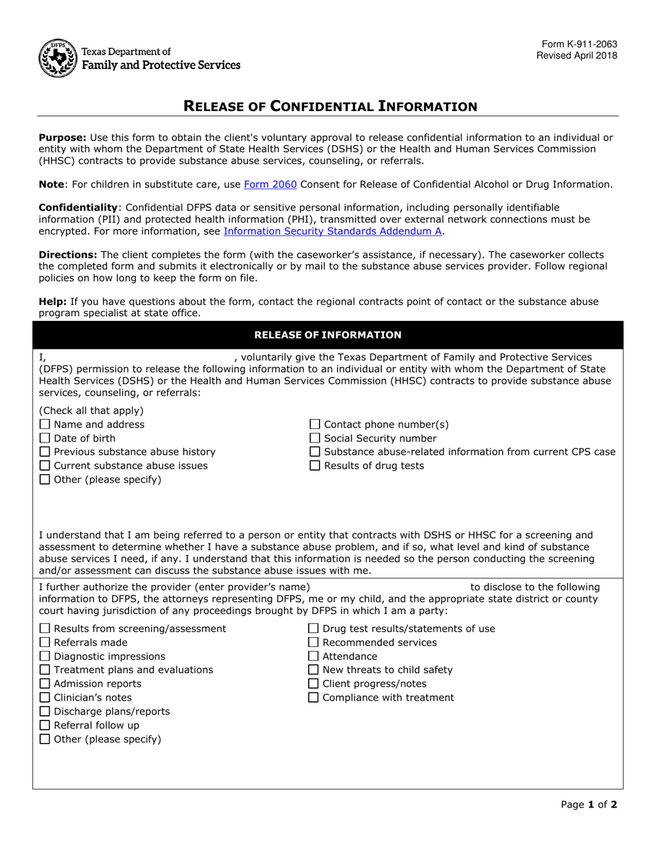Form K-911-2063 - Fill Out, Sign Online and Download Fillable PDF ...
