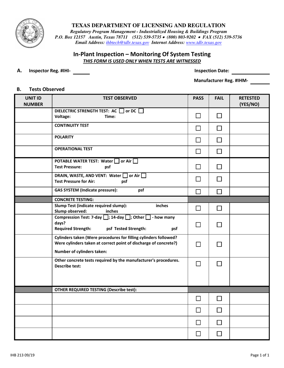 Form IHB213 - Fill Out, Sign Online and Download Fillable PDF, Texas ...