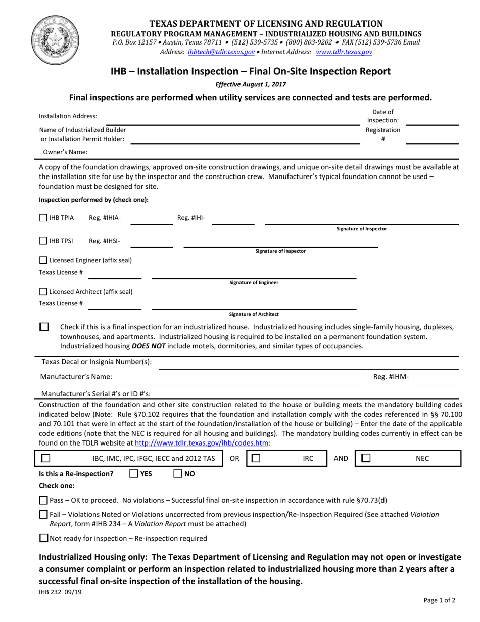 Form IHB232 - Fill Out, Sign Online and Download Fillable PDF, Texas ...