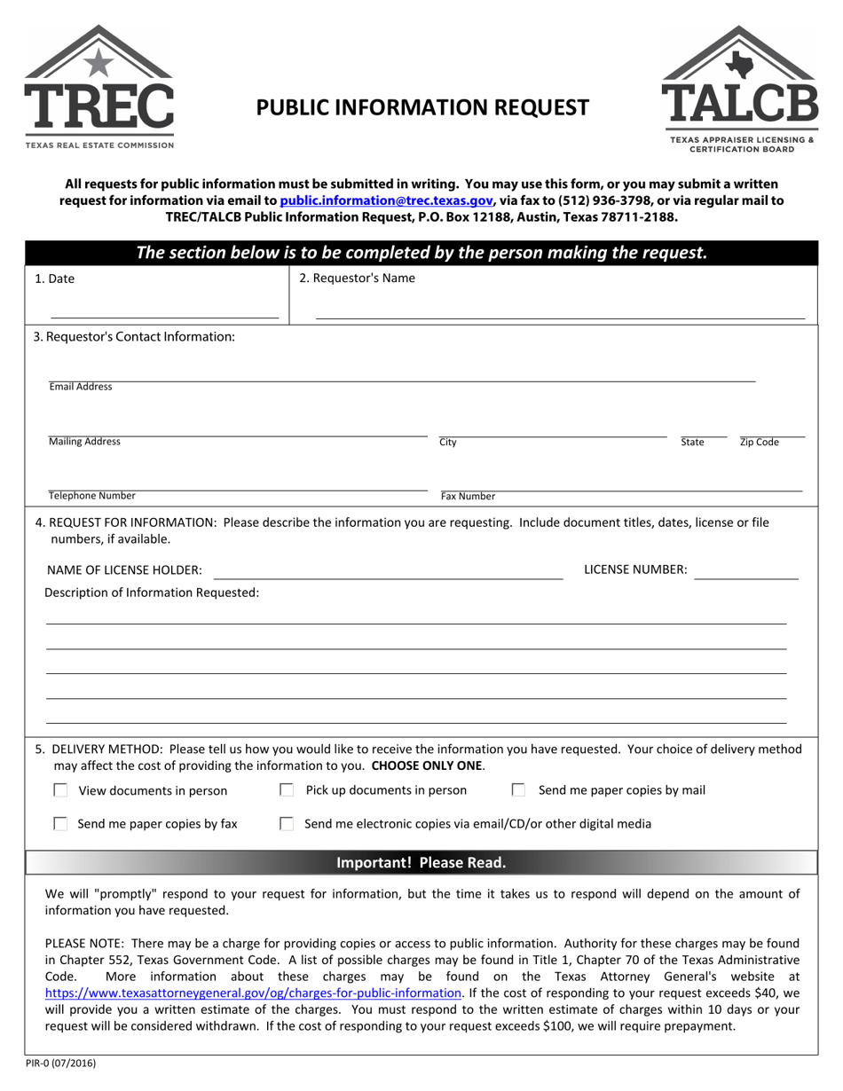 Form PIR-0 - Fill Out, Sign Online and Download Fillable PDF, Texas ...