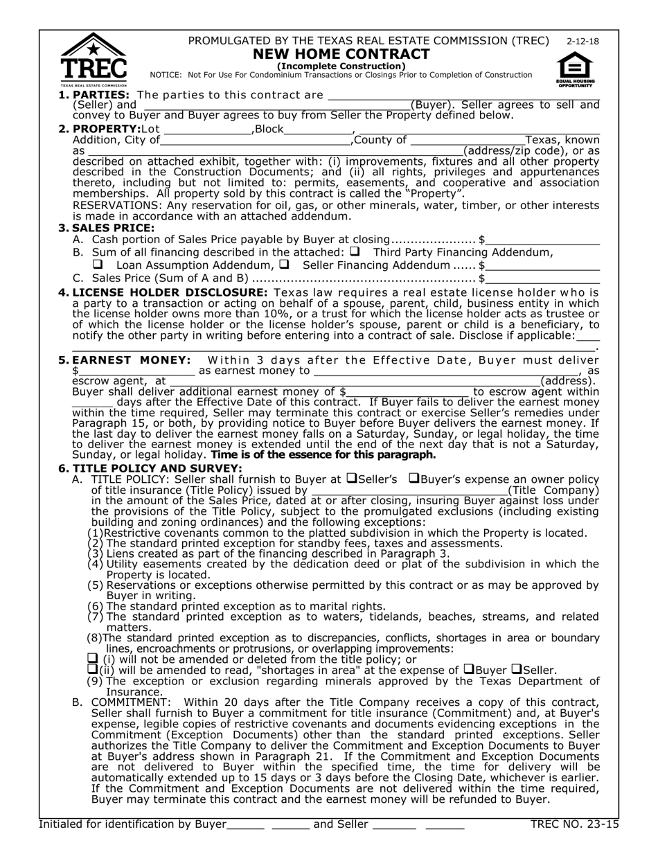 TREC Form 23-15 - Fill Out, Sign Online and Download Fillable PDF ...