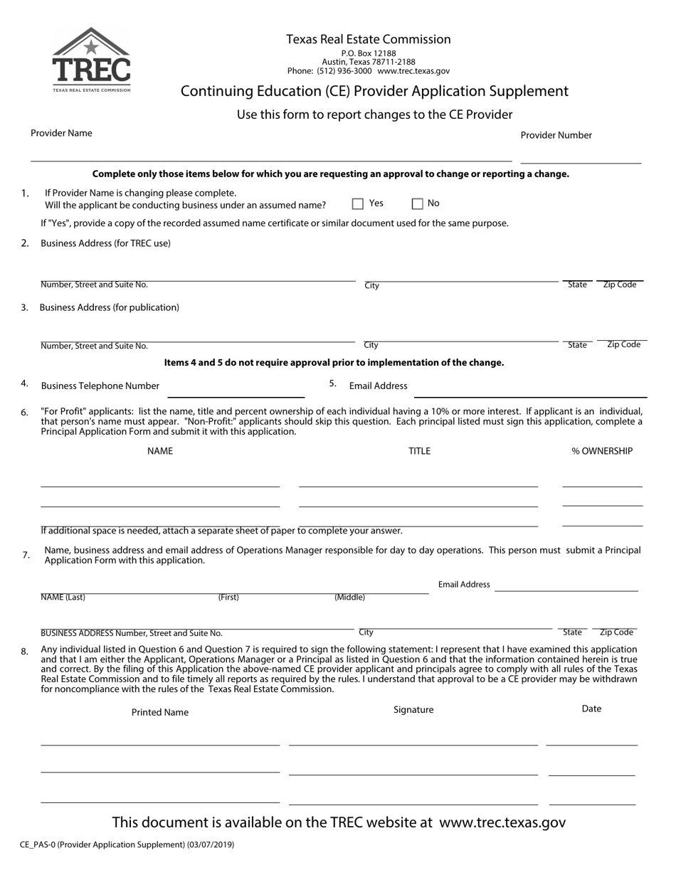 Form CE_PAS-0 - Fill Out, Sign Online and Download Fillable PDF, Texas ...
