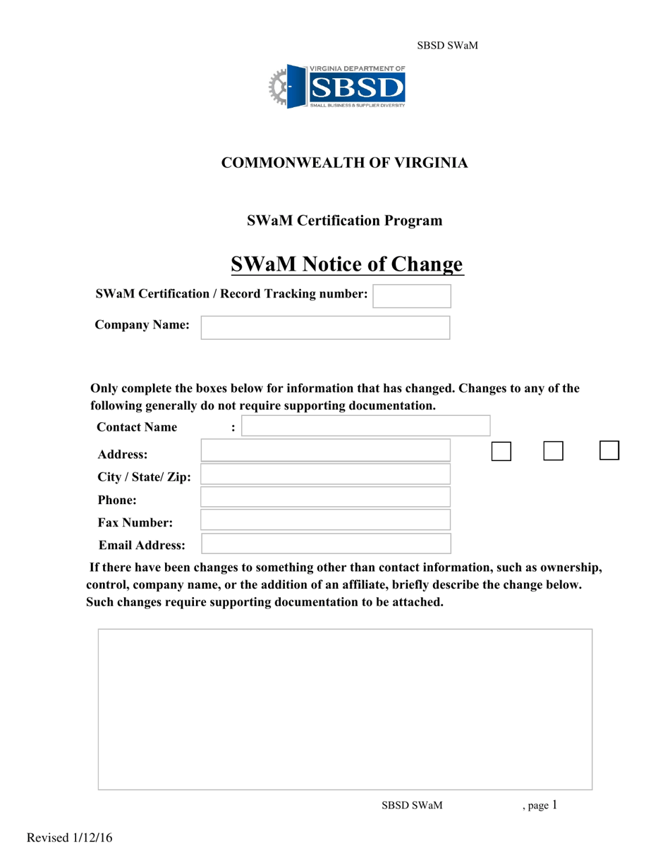 Virginia Swam Notice of Change - Fill Out, Sign Online and Download PDF ...
