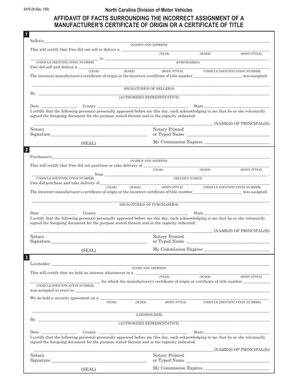 Form MVR-28 - Fill Out, Sign Online and Download Fillable PDF, North ...