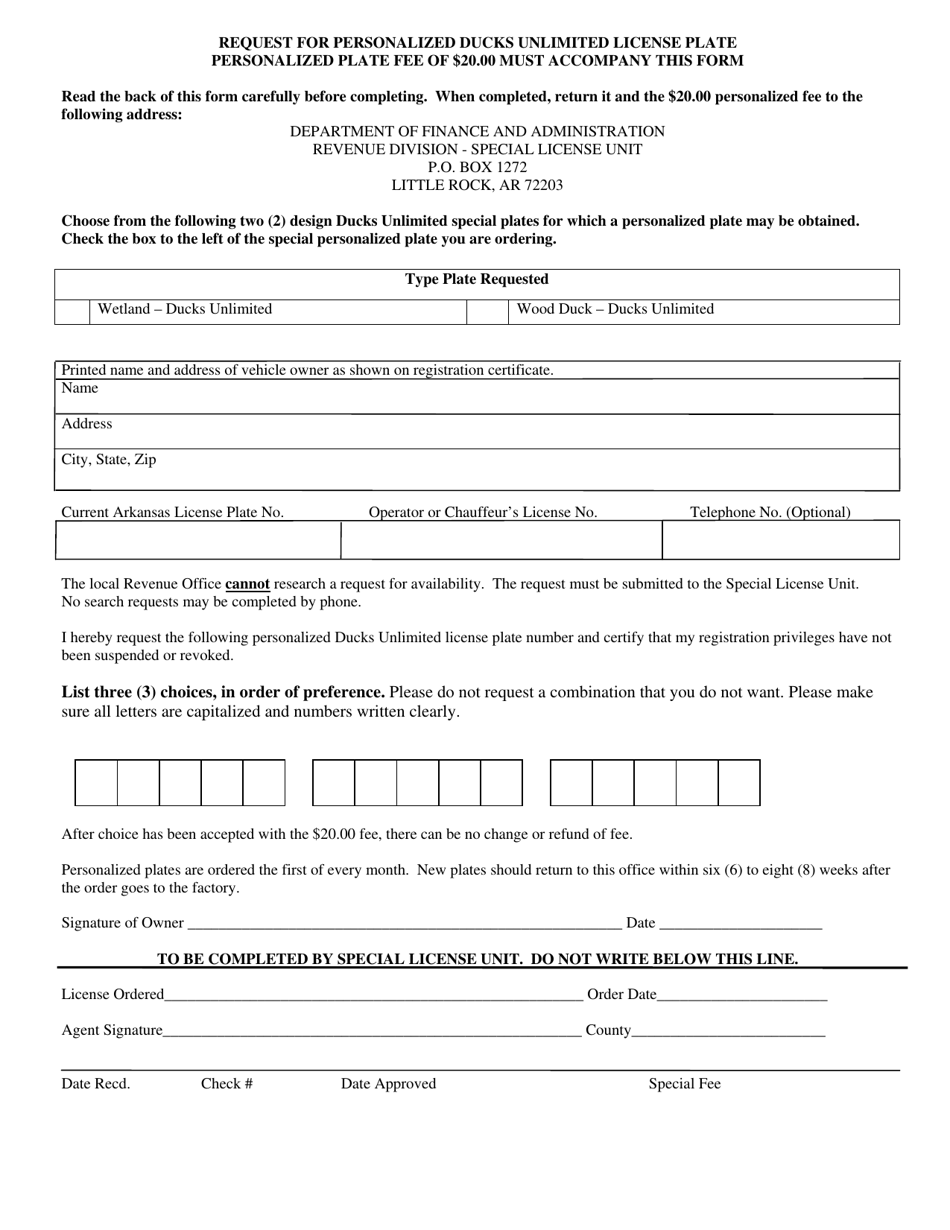 Arkansas Request for Personalized Ducks Unlimited License Plate - Fill Out, Sign Online and ...