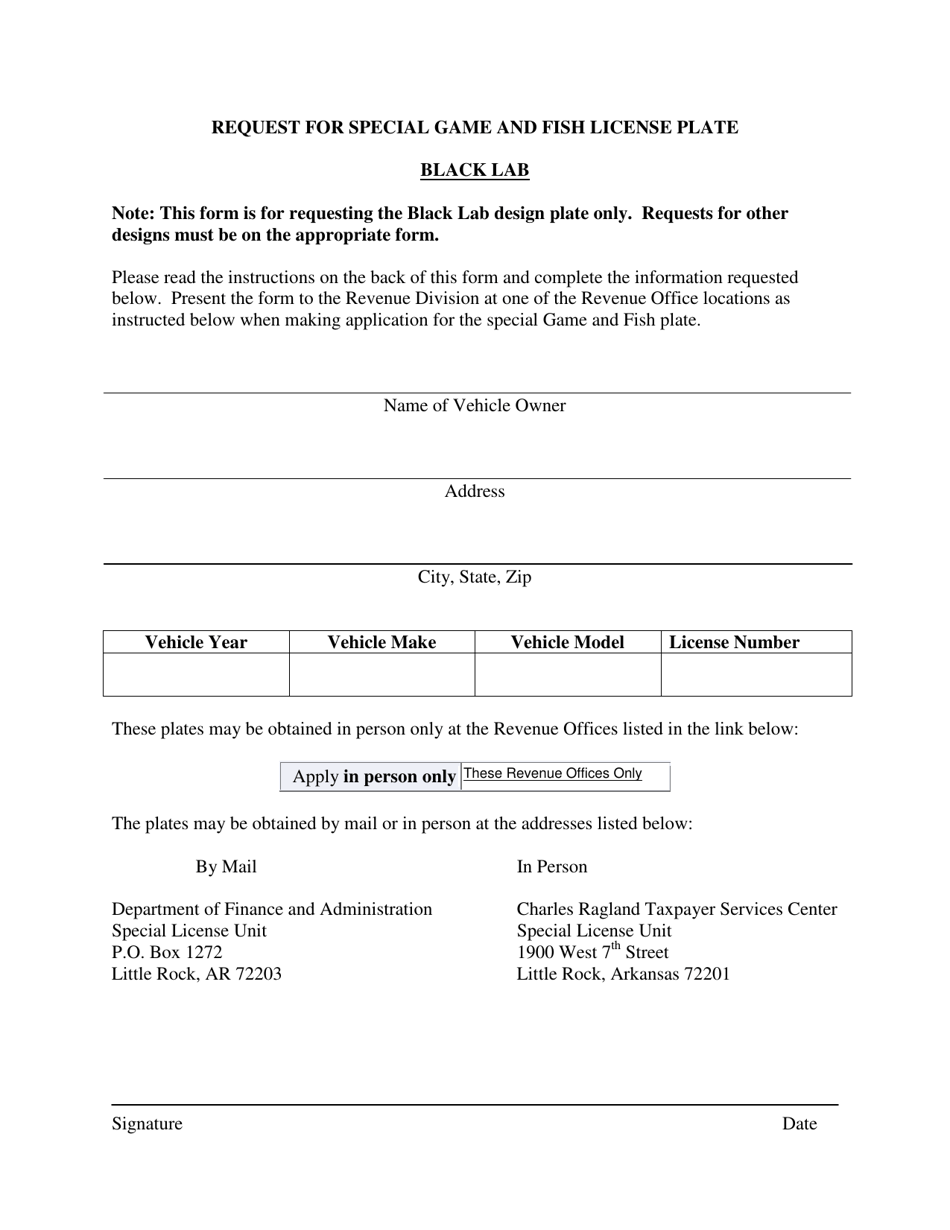 Arkansas Request for Special Game and Fish Black Lab License Plate ...