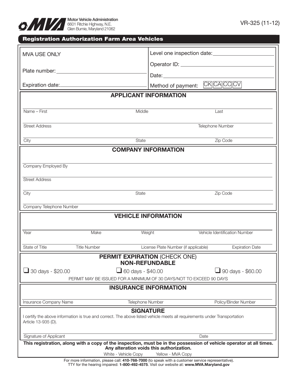 Form VR-325 - Fill Out, Sign Online and Download Fillable PDF, Maryland ...