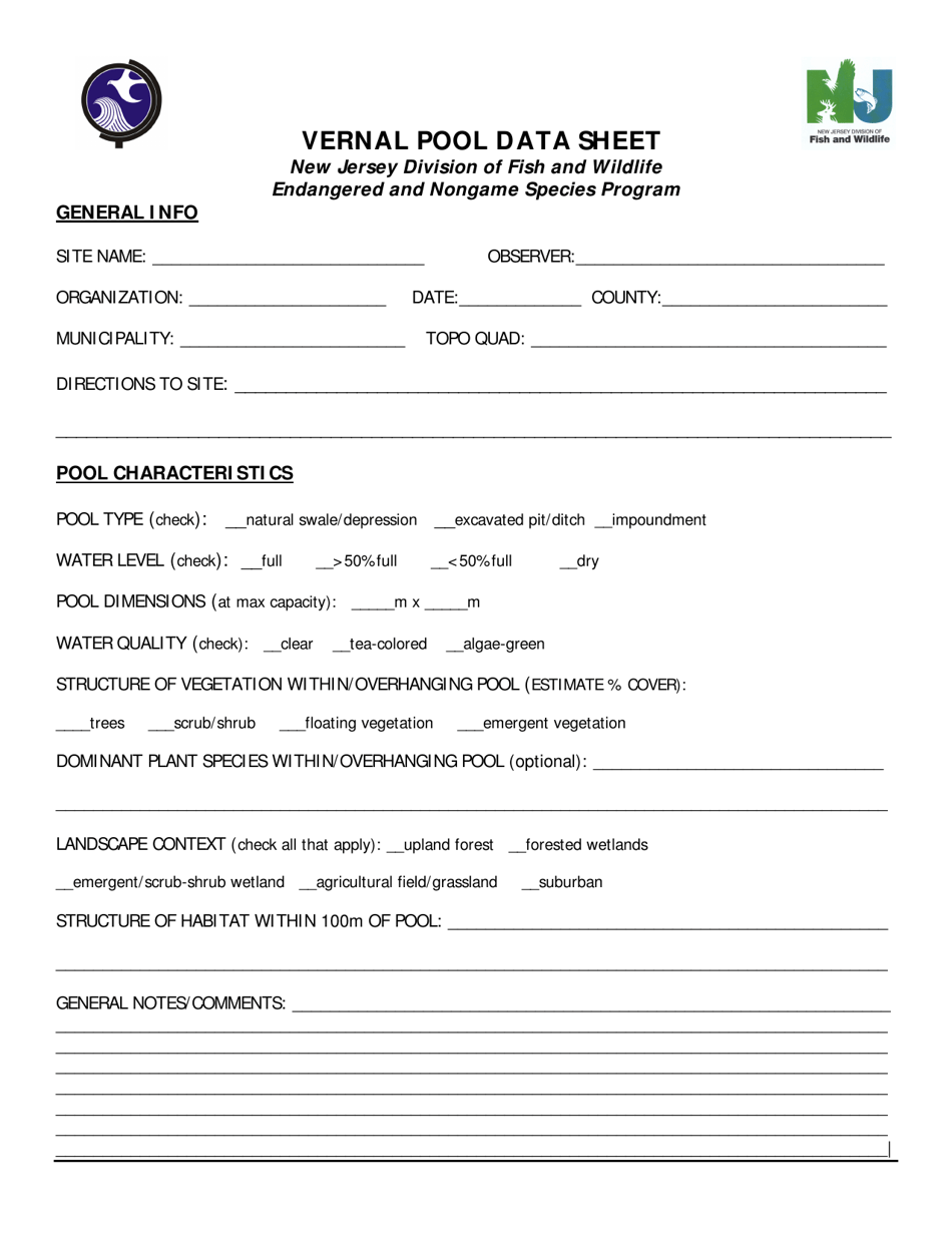 New Jersey Vernal Pool Data Sheet Download Printable PDF | Templateroller