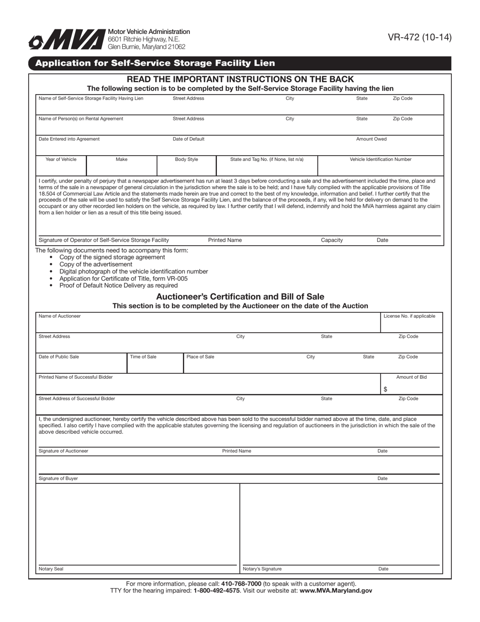 Form VR-472 - Fill Out, Sign Online and Download Fillable PDF, Maryland ...