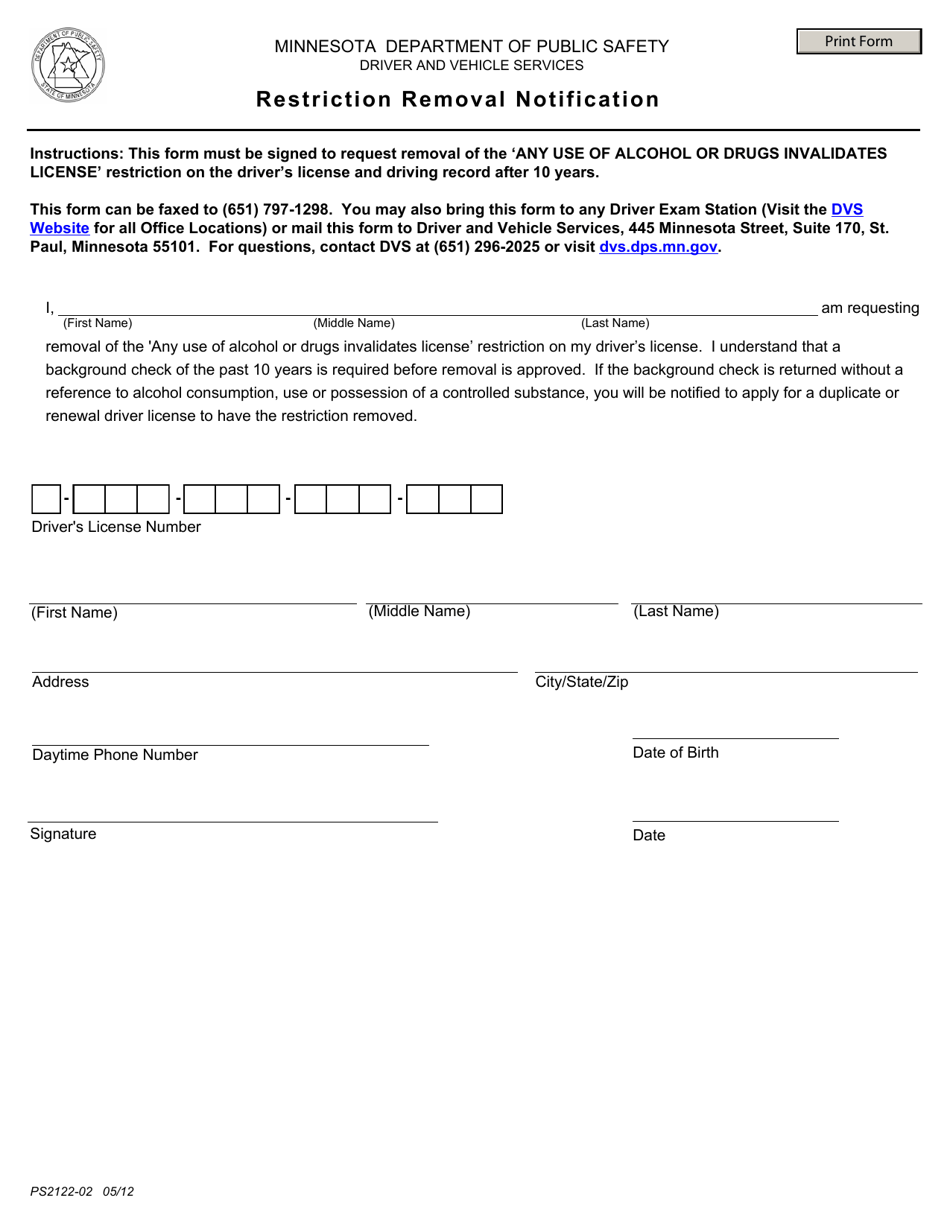 Form PS2122-02 Download Fillable PDF or Fill Online Restriction Removal ...