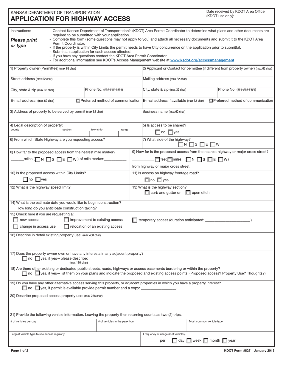 DOT Form 827 - Fill Out, Sign Online and Download Fillable PDF, Kansas ...