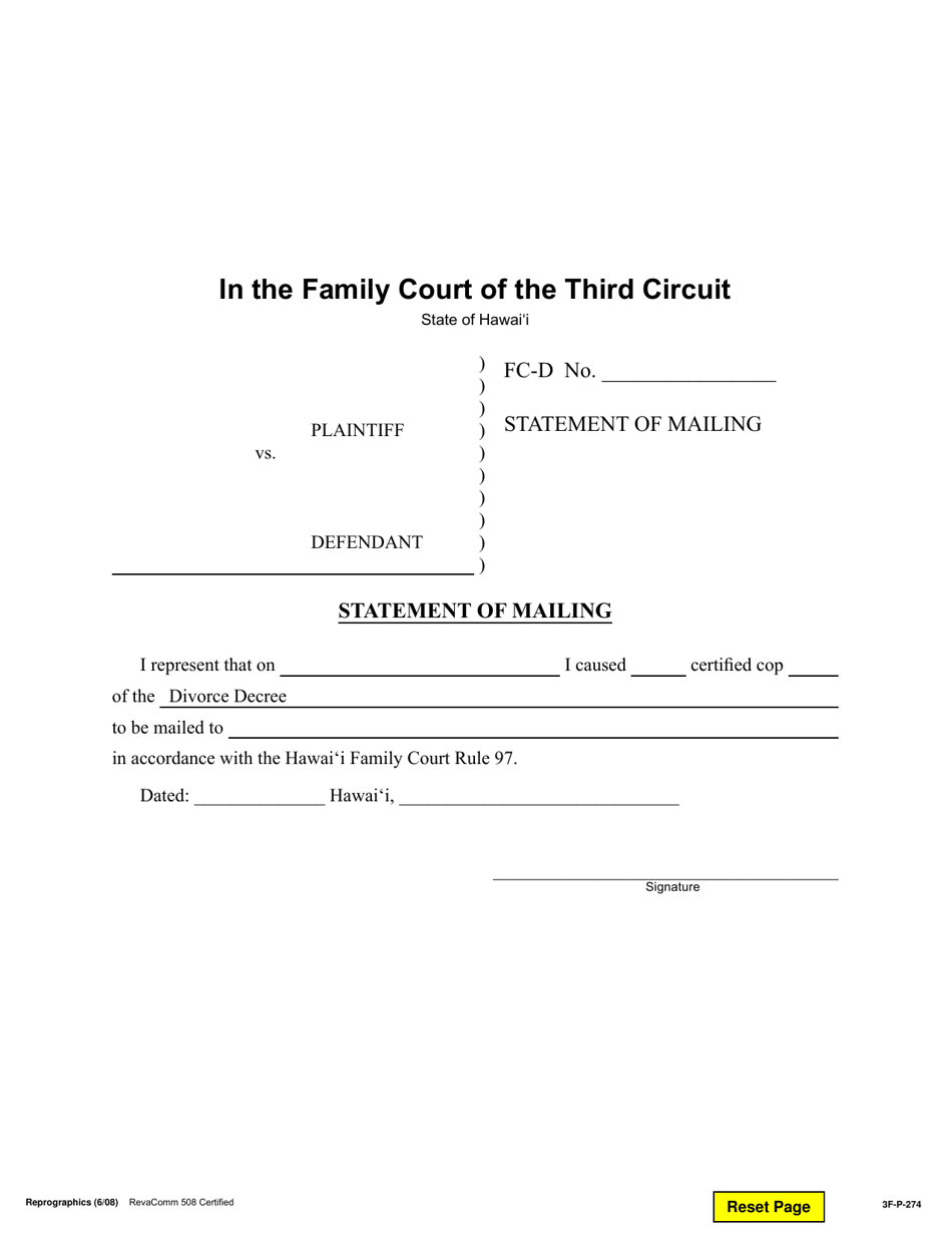 Form 3F-P-274 - Fill Out, Sign Online and Download Fillable PDF, Hawaii ...