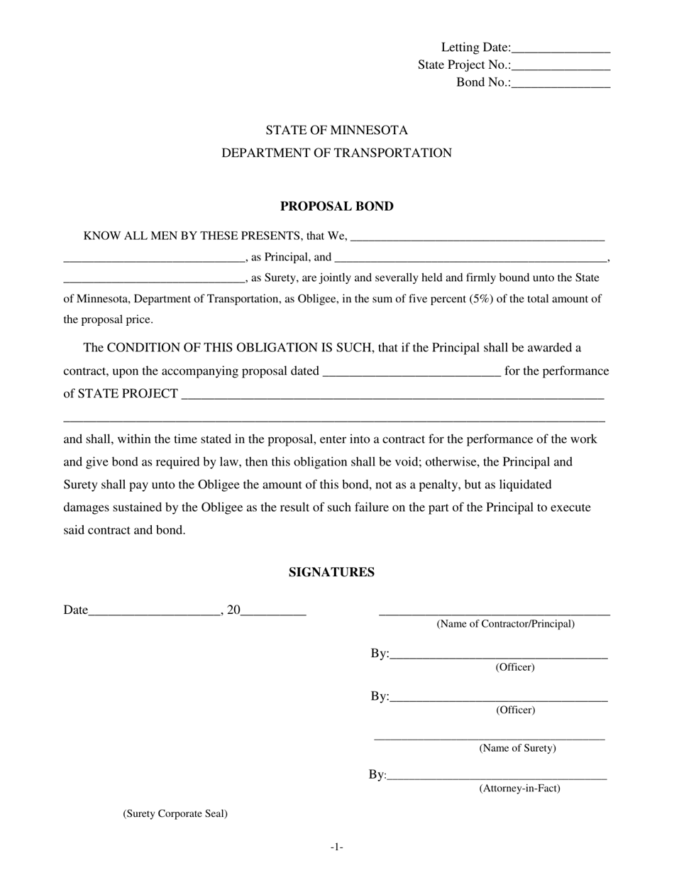 Minnesota Proposal Bond - Fill Out, Sign Online and Download PDF ...
