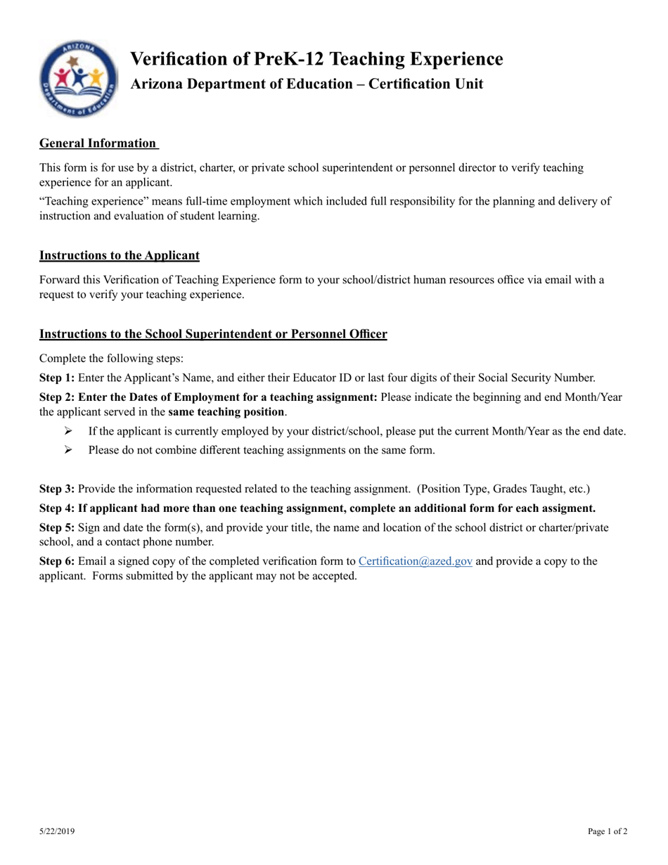 Arizona Verification of Prek-12 Teaching Experience Download Fillable ...
