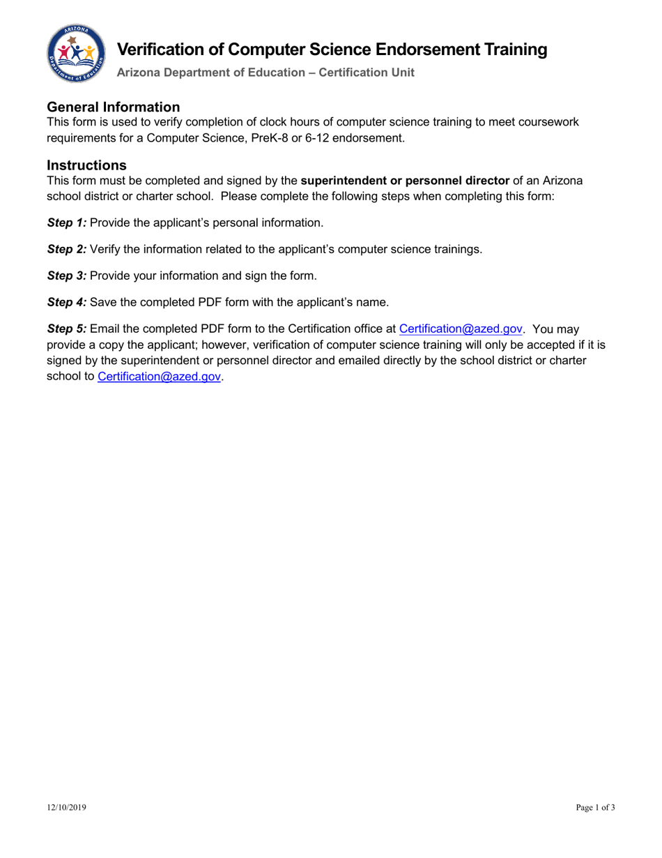 Arizona Verification of Computer Science Endorsement Training - Fill ...