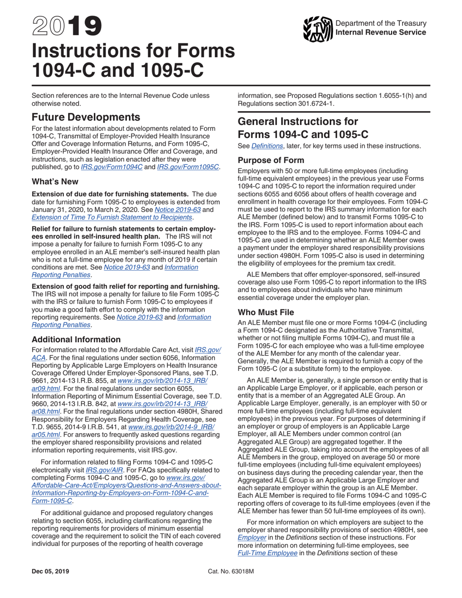 Download Instructions for IRS Form 1094-C, 1095-C PDF, 2019 ...