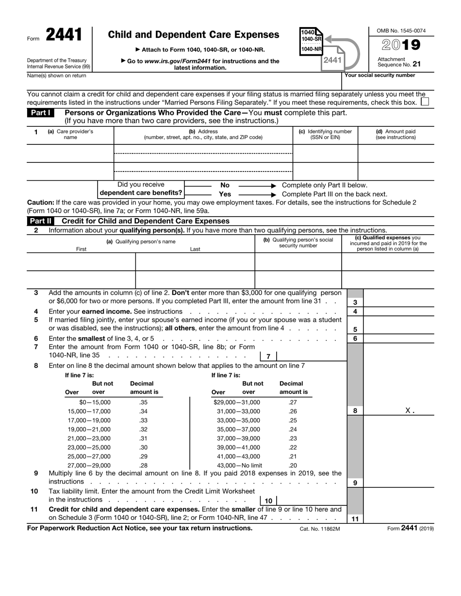 IRS Form 2441 Download Fillable PDF or Fill Online Child and Dependent ...