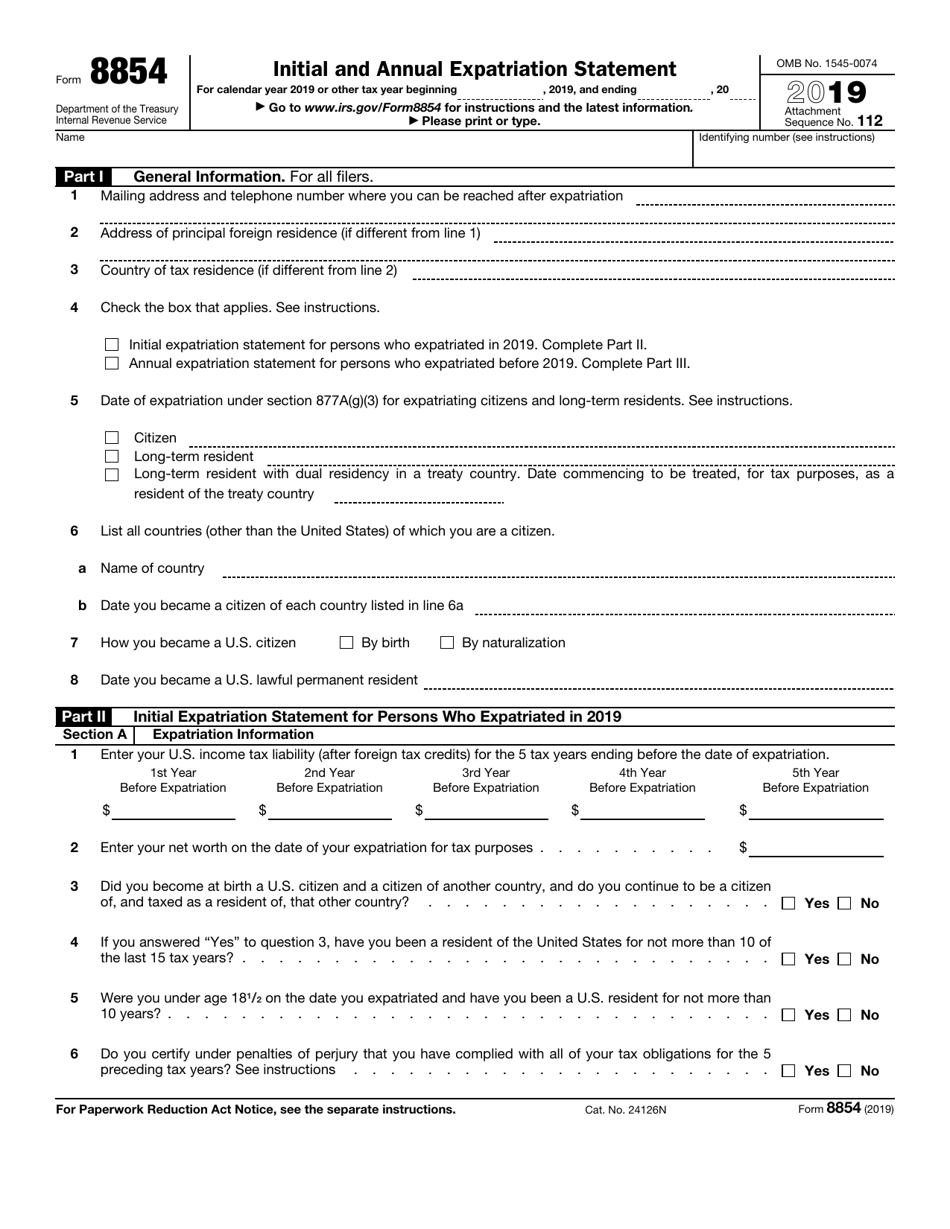 IRS Form 8854 - 2019 - Fill Out, Sign Online and Download Fillable PDF ...