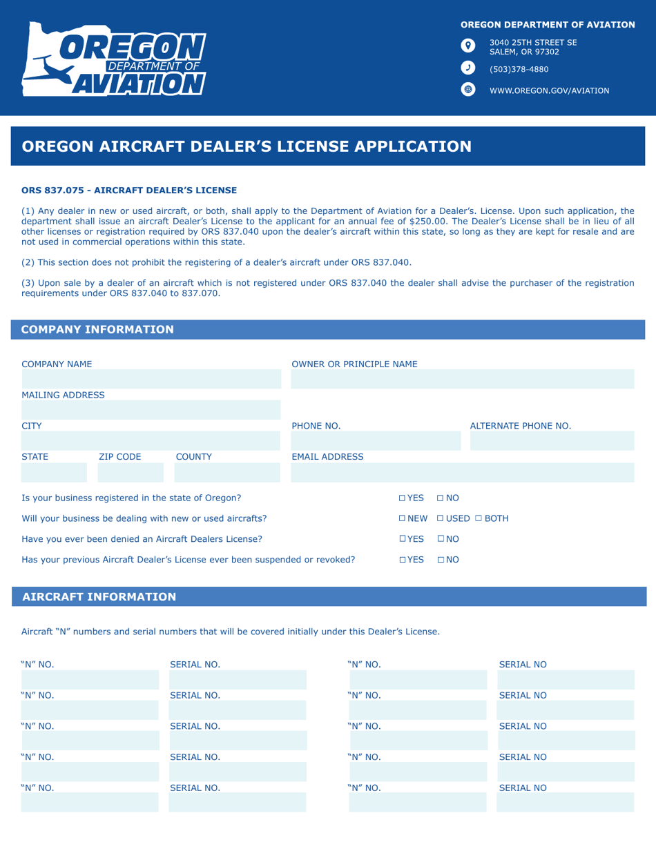 Oregon Oregon Aircraft Dealer's License Application - Fill Out, Sign ...