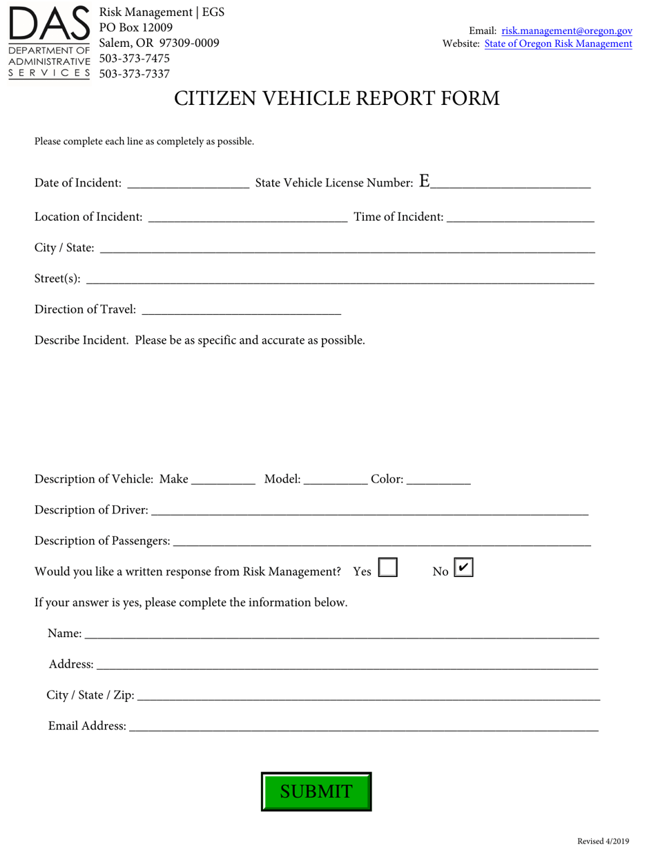 Oregon Citizen Vehicle Report Form - Fill Out, Sign Online and Download ...