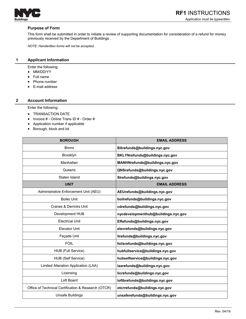 Download Instructions for Form RF1 Refund Request Application PDF | Templateroller
