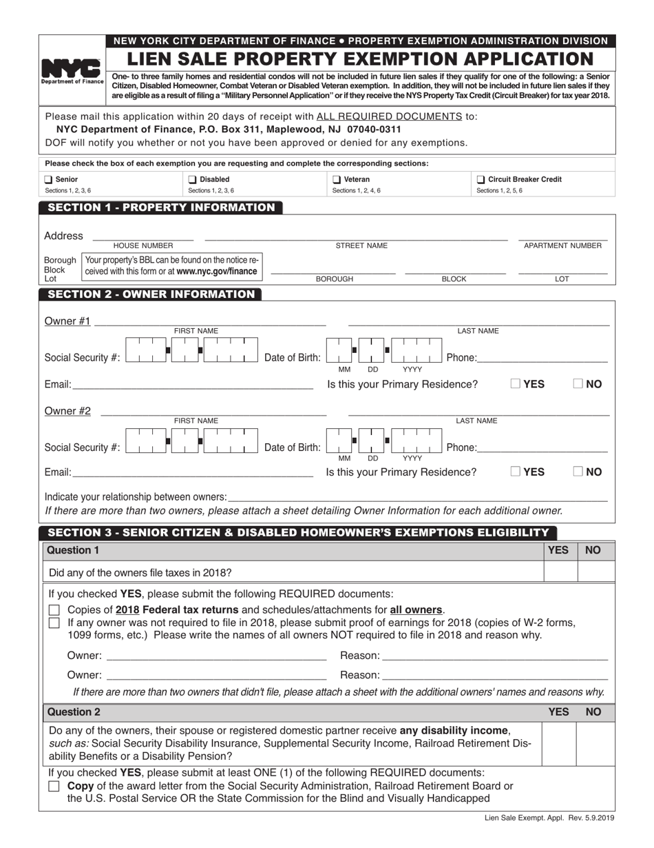 New York City Lien Sale Property Exemption Application Download ...