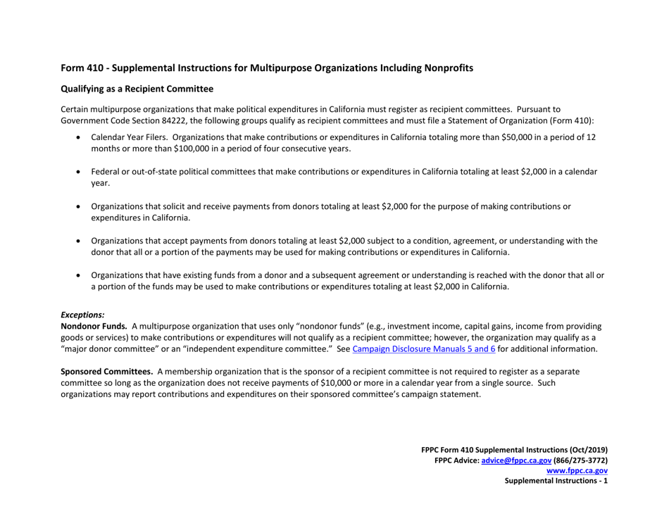 Download Instructions for FPPC Form 410 Statement of Organization for ...