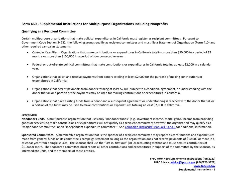 Download Instructions for FPPC Form 460 Recipient Committee Campaign ...