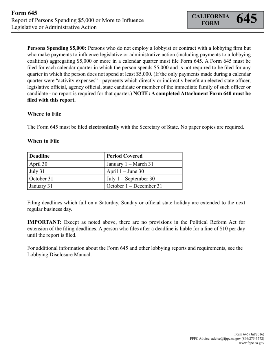 Form 645 - Fill Out, Sign Online and Download Fillable PDF, California ...