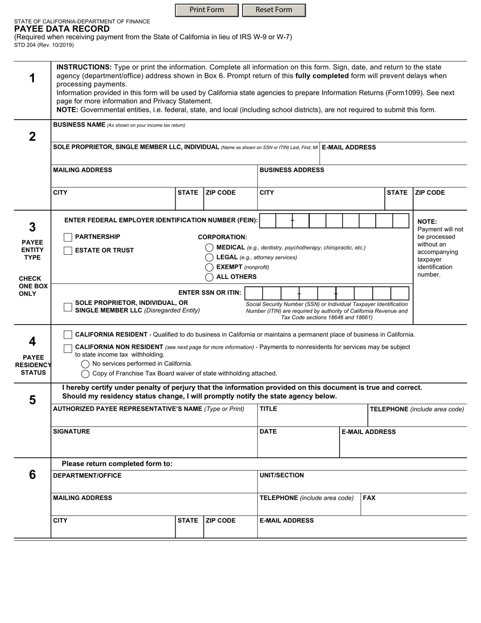 Form STD204 - Fill Out, Sign Online and Download Fillable PDF ...