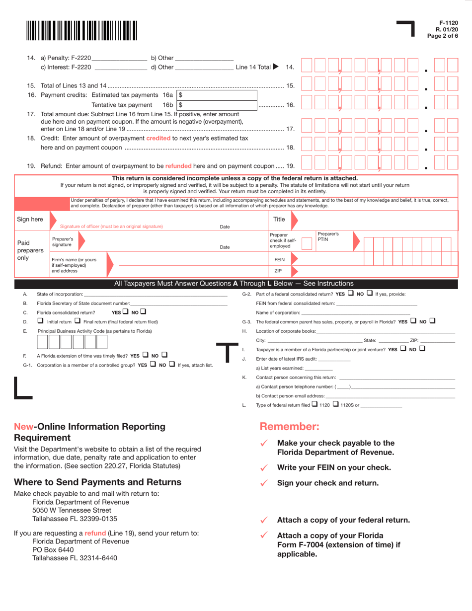 Form F-1120 Download Printable PDF or Fill Online Florida Corporate ...