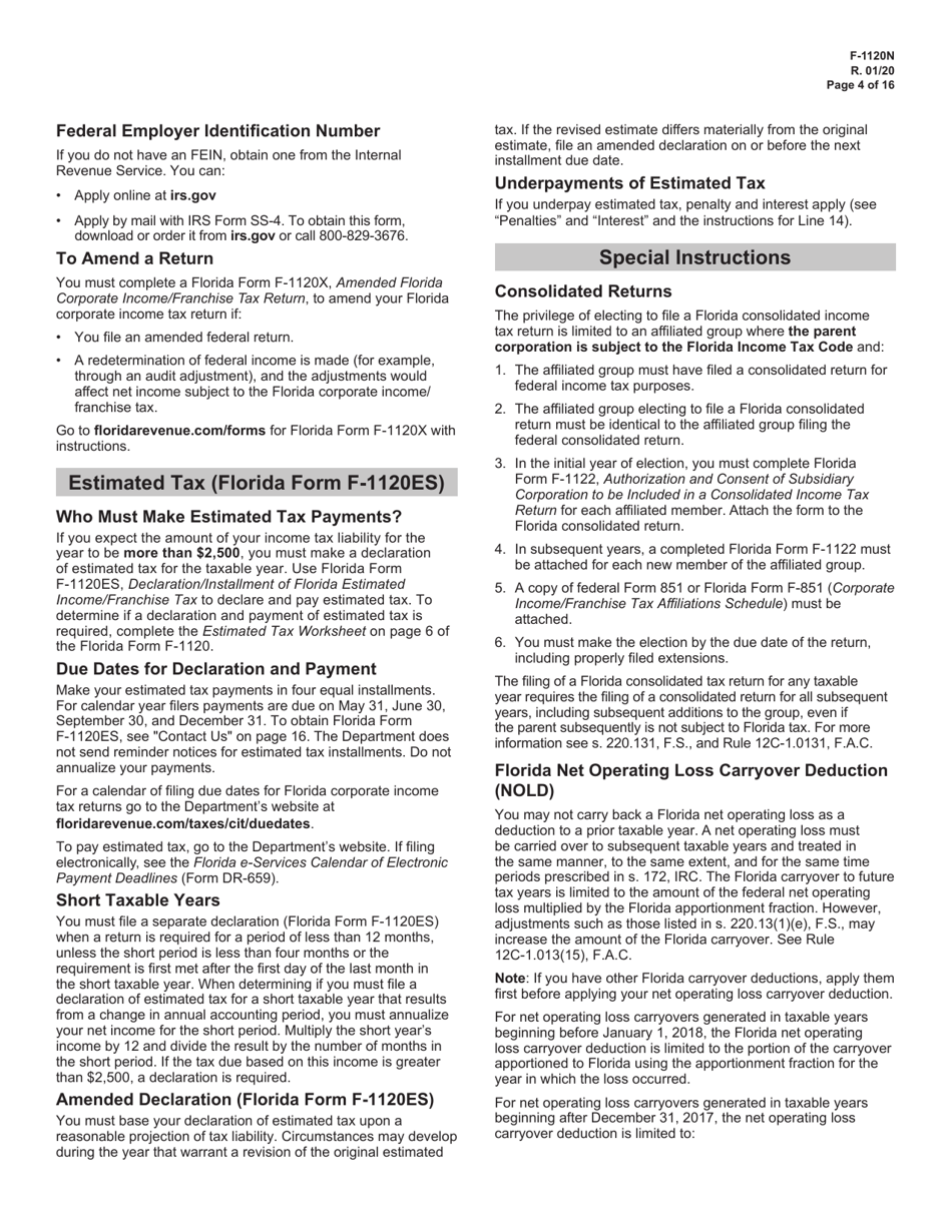 Download Instructions for Form F-1120 Florida Corporate Income ...