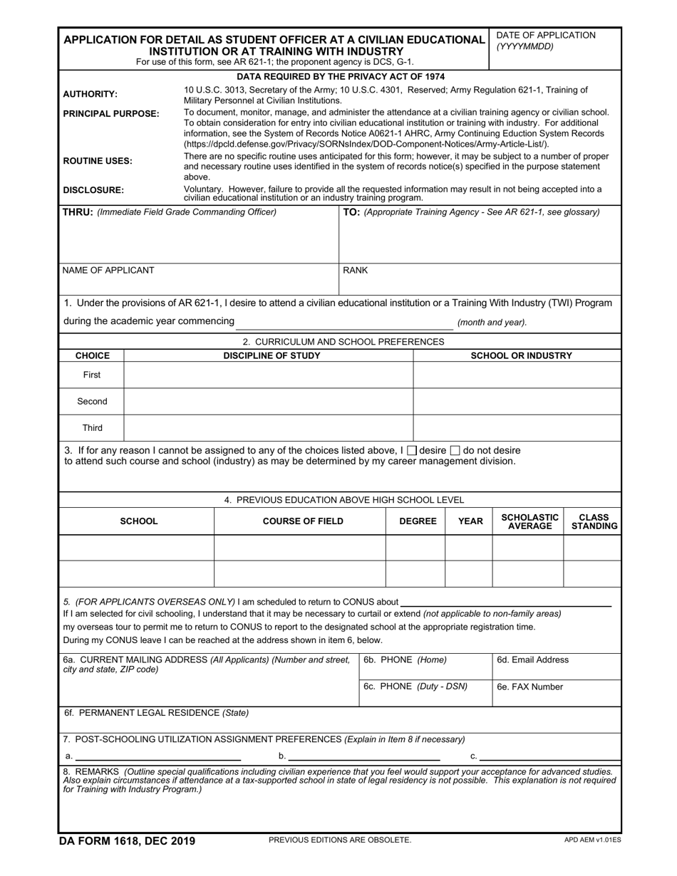 DA Form 1618 Download Fillable PDF or Fill Online Application for ...