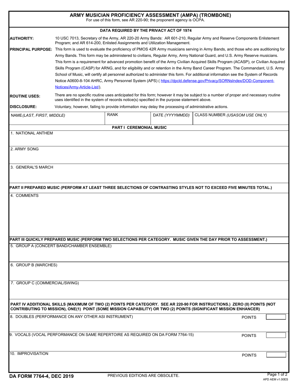 DA Form 7764-4 Download Fillable PDF or Fill Online Army Musician ...